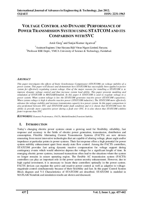 Pdf Voltage Control And Dynamic Performance Of Power Transmission System Using Statcom And Its