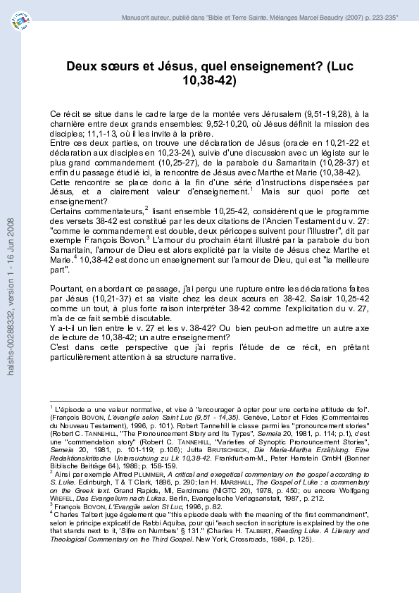 (PDF) "Deux sœurs et Jésus, quel enseignement? (Luc 10,38-42)", Bible ...