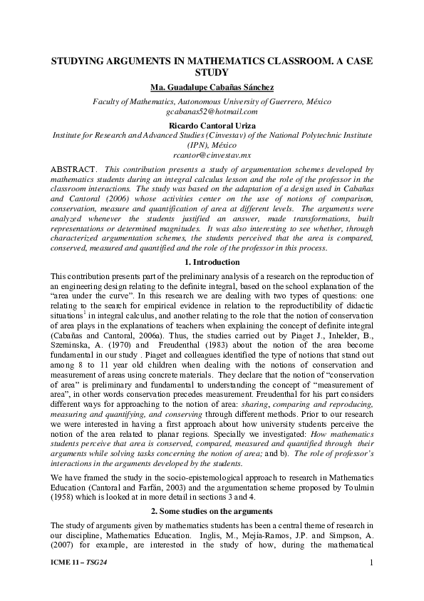 (PDF) STUDYING ARGUMENTS IN MATHEMATICS CLASSROOM. A CASE STUDY