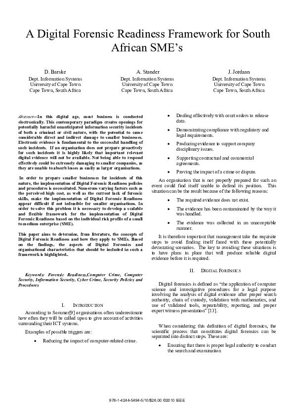 (PDF) A Digital Forensic Readiness framework for South African SME's