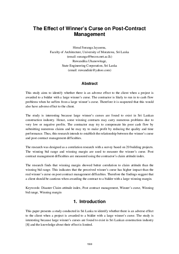 (PDF) The Effect of Winner's Curse on Post-Contract Management