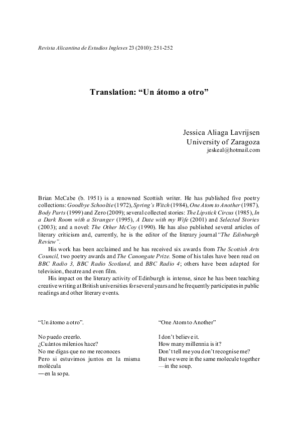 (PDF) Translation of Brian McCabe's poem "One Atom to Another"