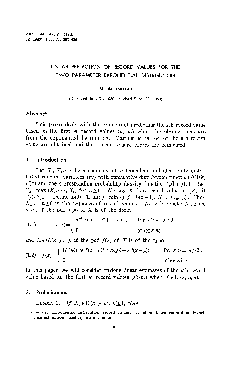 (PDF) Linear prediction of record values for the two parameter exponential distribution