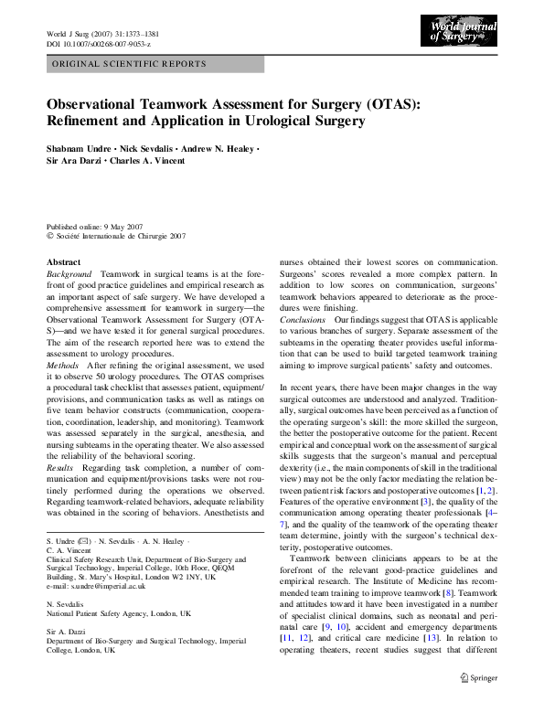 (PDF) Observational Teamwork Assessment for Surgery (OTAS): Refinement ...