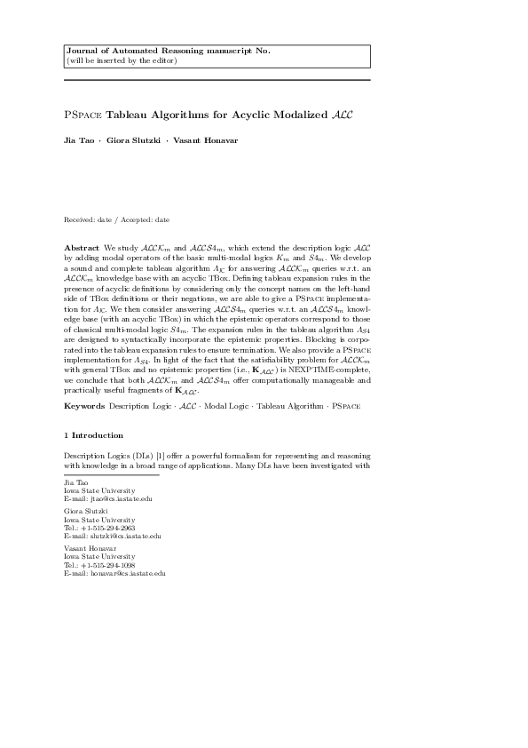 (PDF) PSpace Tableau Algorithms for Acyclic Modalized ALC.