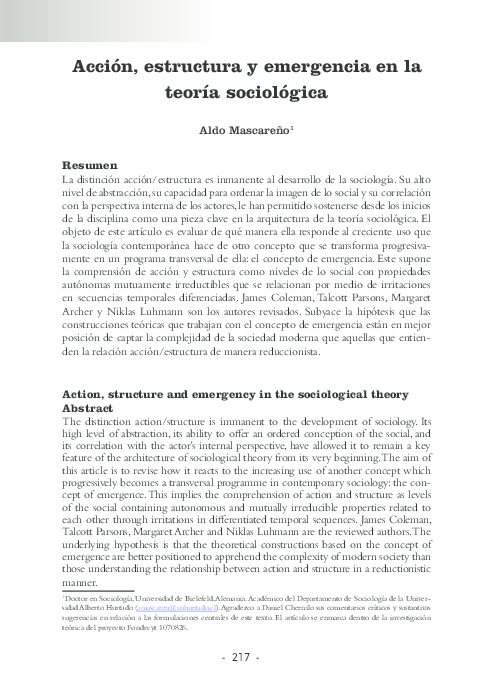 Pdf Mascareño A 2008 Estructura Acción Y Emergencia En La