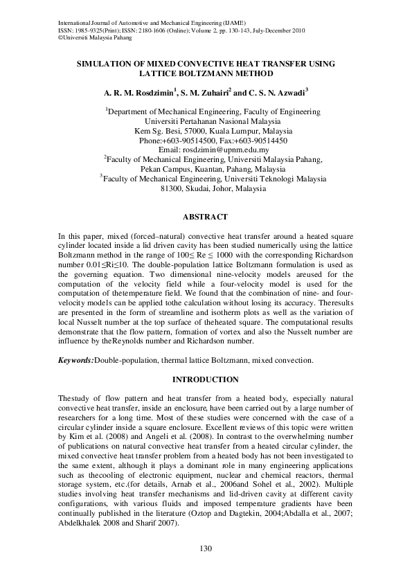 Pdf Simulation Of Mixed Convective Heat Transfer Using Lattice Boltzmann Method