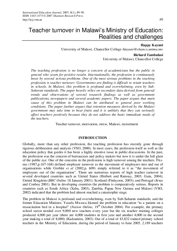 (PDF) Teacher turnover in Malawi’s Ministry of Education: Realities and ...