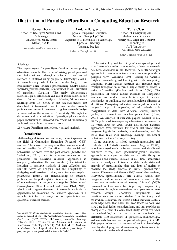 Pdf Illustration Of Paradigm Pluralism In Computing Education Research
