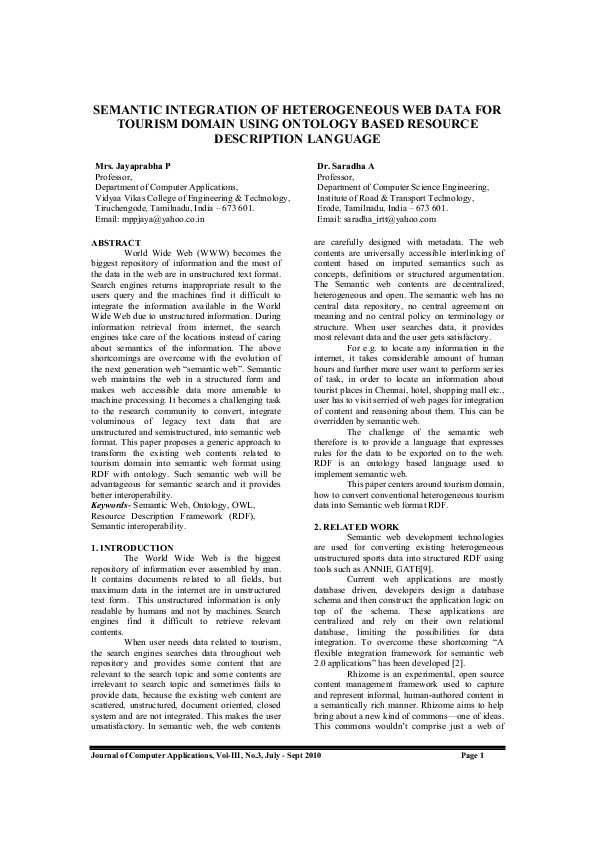 (PDF) Semantic Integration of Heterogeneous Web Data for Tourism Domain Using Ontology Based ...