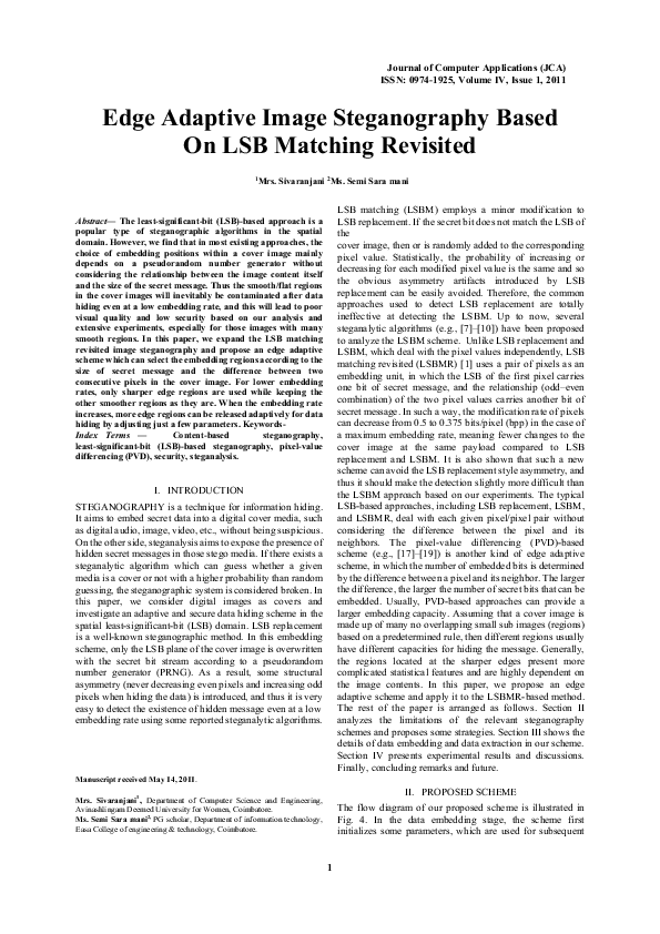 (PDF) Edge Adaptive Image Steganography Based On LSB Matching Revisited