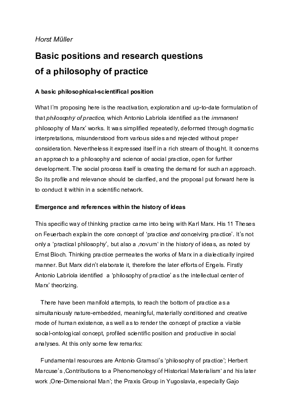 (PDF) Basic positions and research issues of a philosophy of practice