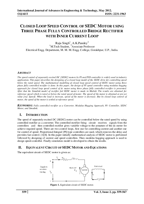 Pdf Closed Loop Speed Control Of Sedc Motor Using Three Phase Fully
