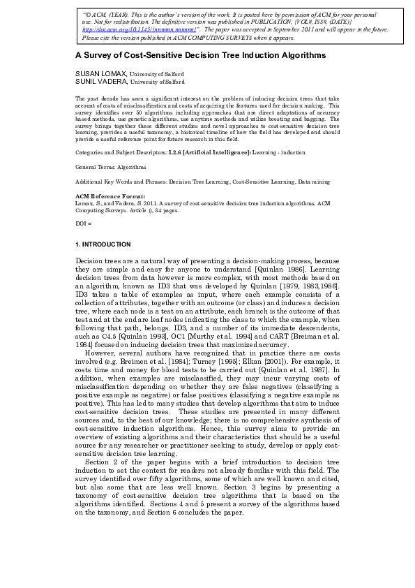 (PDF) A survey of cost-sensitive decision tree induction algorithms