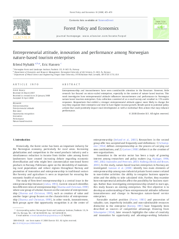 (PDF) Entrepreneurial attitude, innovation and performance among Norwegian nature-based tourism ...