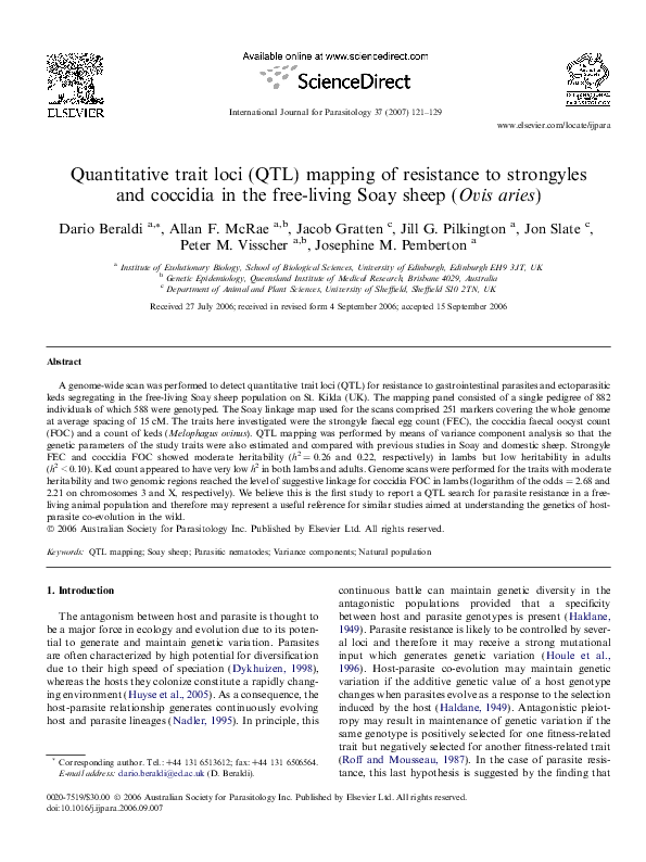 (PDF) Quantitative trait loci (QTL) mapping of resistance to strongyles and coccidia in the free ...