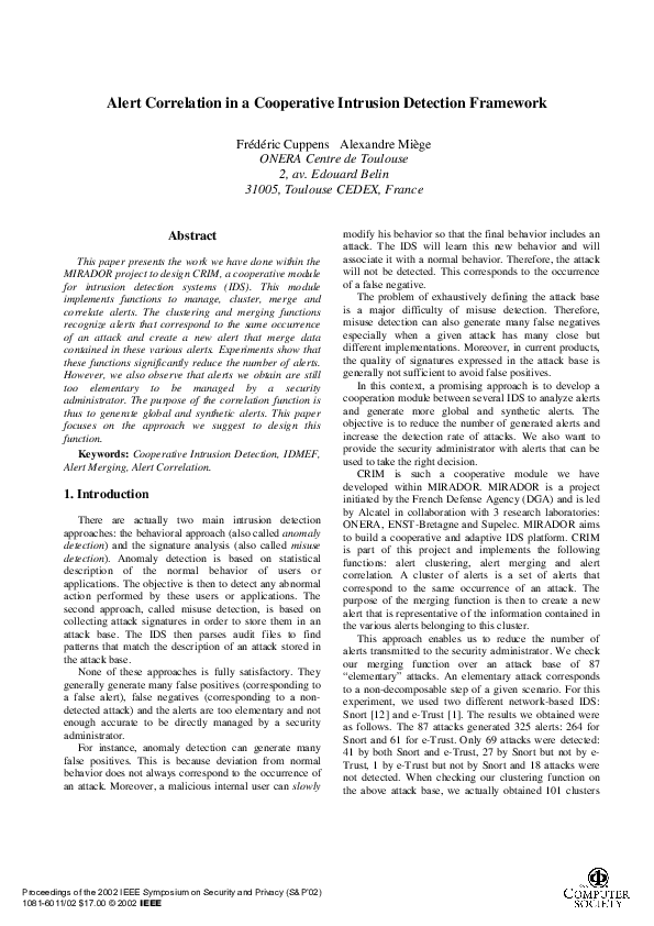 (PDF) Alert Correlation in a Cooperative Intrusion Detection Framework