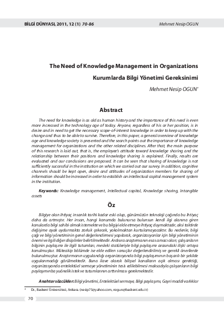 (PDF) The Need of Knowledge Management in Organizations