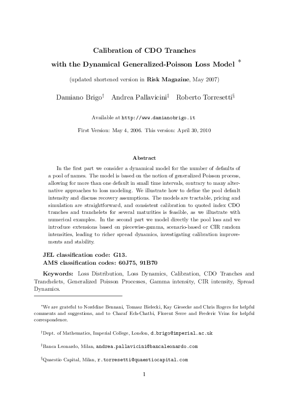 (PDF) Calibration of CDO Tranches with the dynamical Generalized-Poisson Loss model