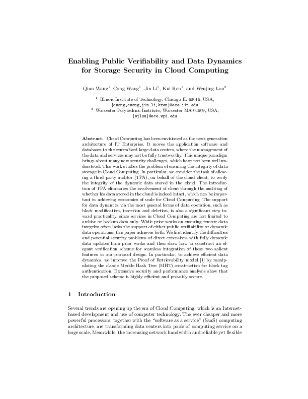 Pdf Enabling Public Verifiability And Data Dynamics For Storage Security In Cloud Computing