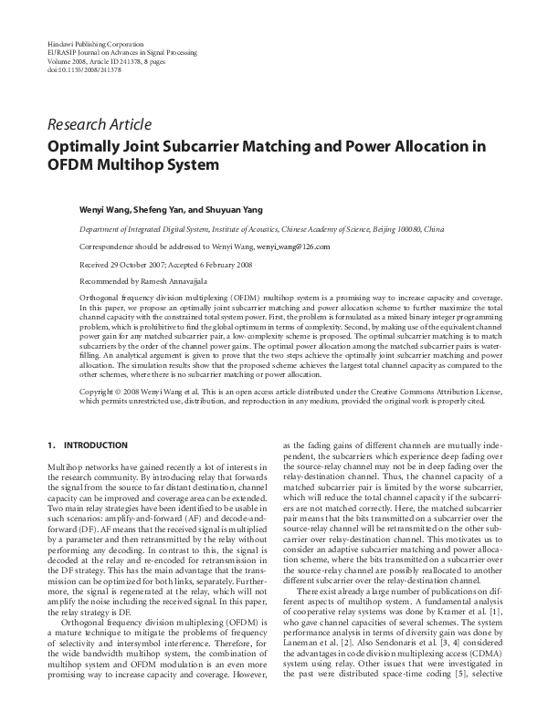Pdf Optimally Joint Subcarrier Matching And Power Allocation In Ofdm Multihop System
