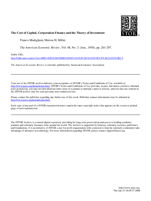 (PDF) The Cost of Capital, Corporation Finance and the Theory of Investment