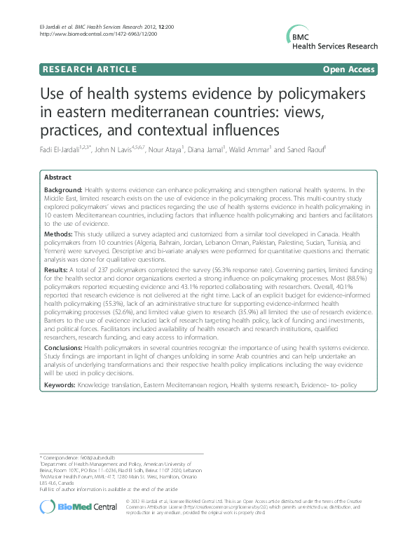 (PDF) Use of Health Systems Evidence by Policymakers in Eastern ...