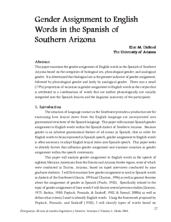 (PDF) Gender Assignment to English Words in the Spanish of Southern Arizona
