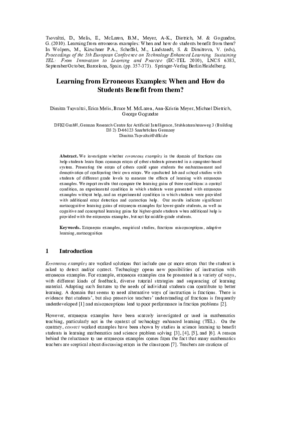 (PDF) Learning from Erroneous Examples: When and How Do Students Benefit from Them?