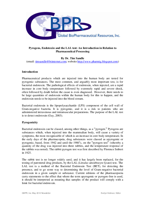 (PDF) Pyrogens, Endotoxin and the LAL Test