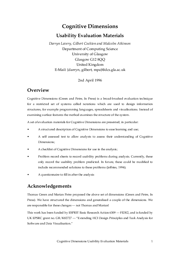 Cognitive Dimensions: Usability Evaluation Material