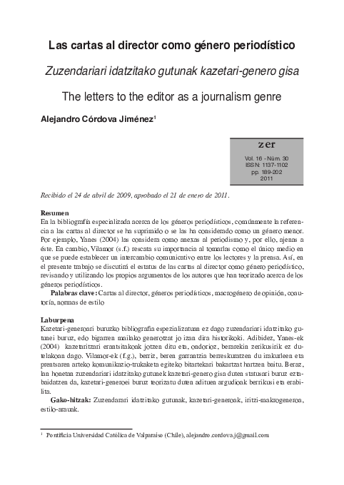 (PDF) Las cartas al director como género periodístico