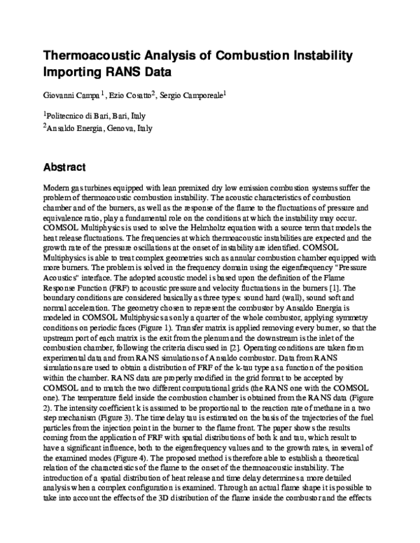 (PDF) Thermoacoustic Analysis of Combustion Instability Importing RANS Data