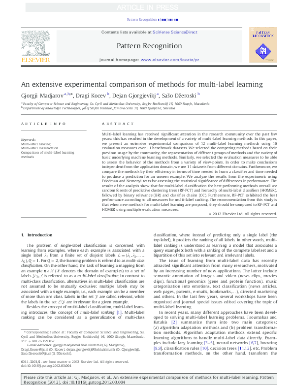 (PDF) An extensive experimental comparison of methods for multi-label learning