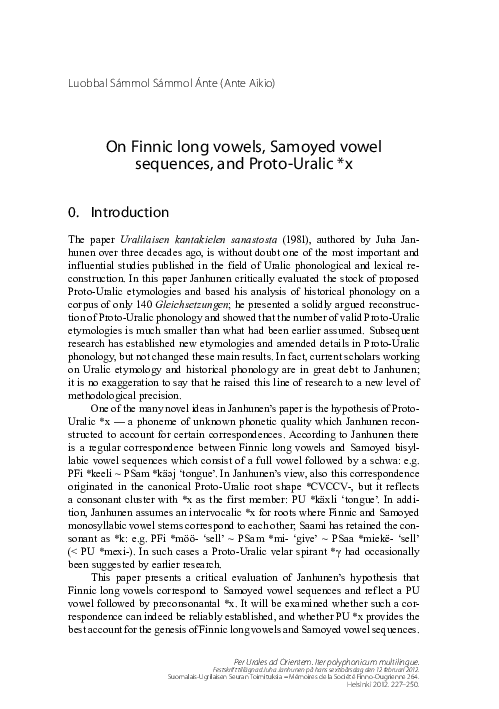 (PDF) On Finnic long vowels, Samoyed vowel sequences, and Proto-Uralic *x