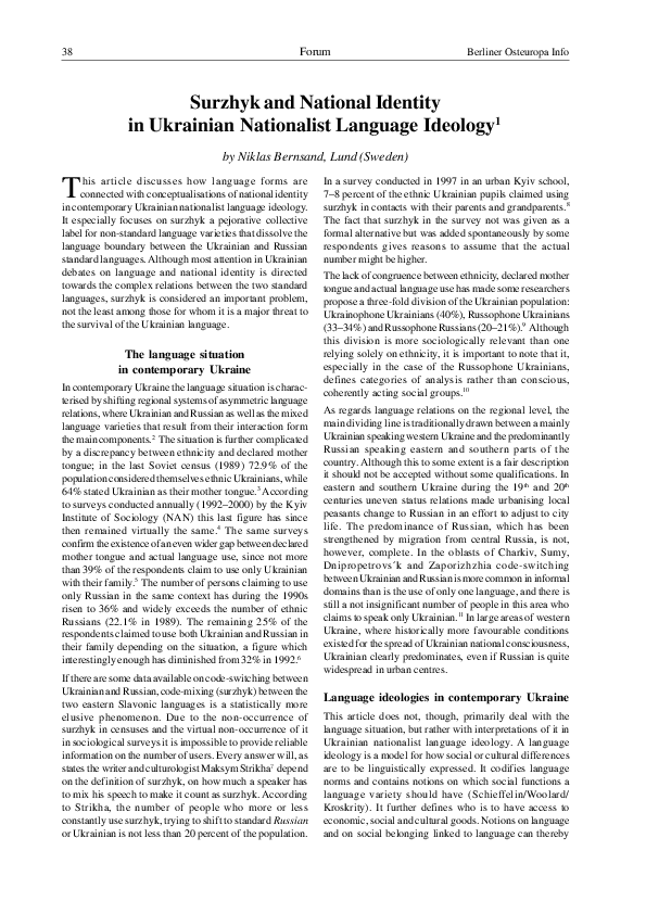 (PDF) Surzhyk and National Identity in Ukrainian Nationalist Language ...