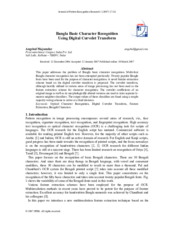 Pdf Bangla Basic Character Recognition Using Digital Curvelet Transform