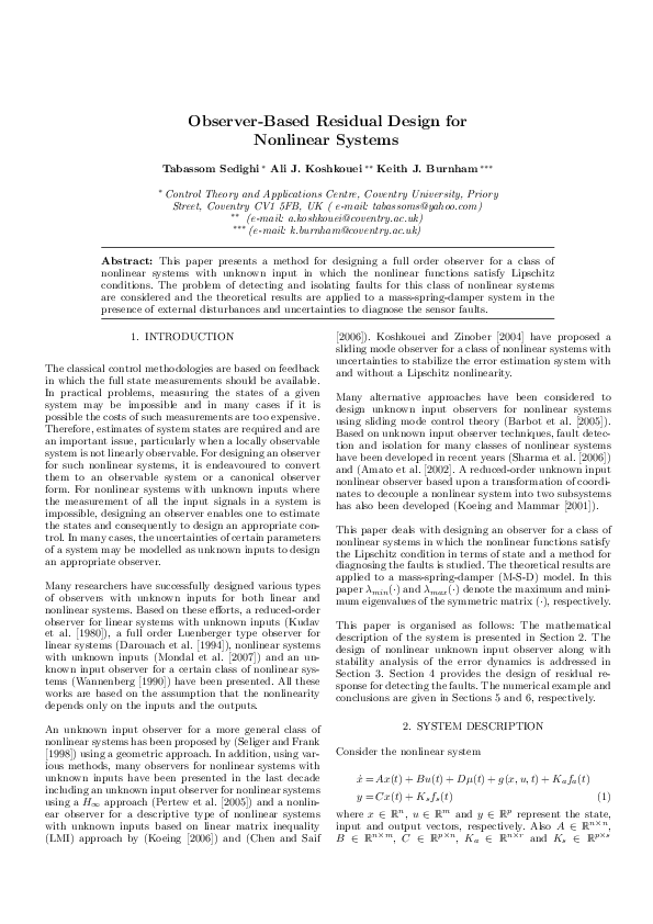(PDF) Observer-Based Residual Design for Nonlinear Systems.