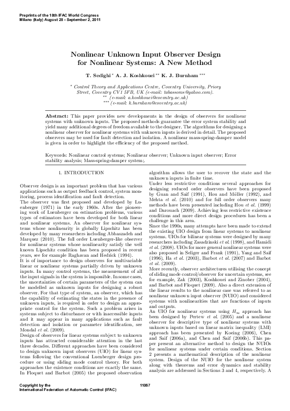 Pdf Nonlinear Unknown Input Observer Design For Nonlinear Systems