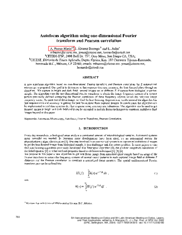 Pdf Autofocus Algorithm Using One Dimensional Fourier Transform And