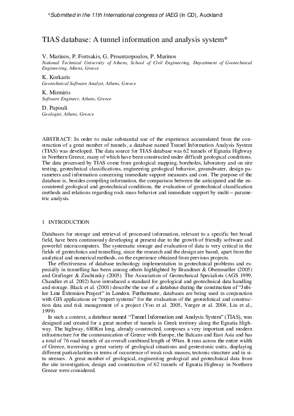 (PDF) TIAS database: A tunnel information and analysis system