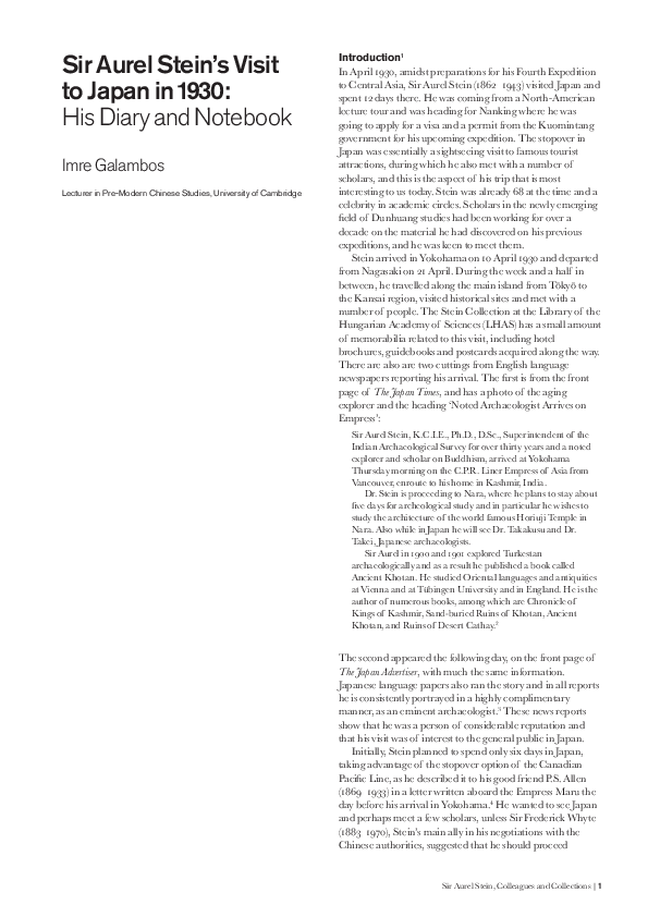 (PDF) Sir Aurel Stein’s Visit to Japan in 1930: His Diary and Notebook