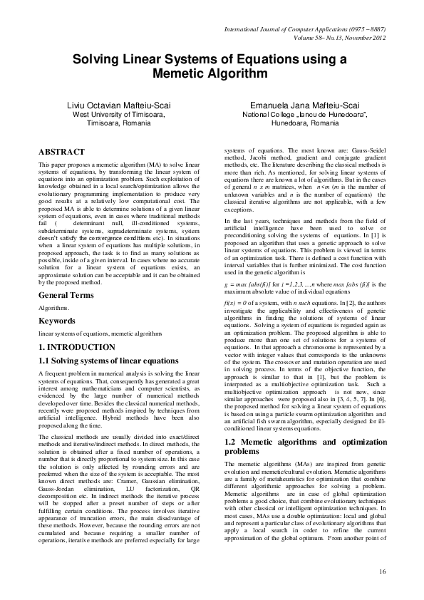 Pdf Solving Linear Systems Of Equations Using A Memetic Algorithm Liviu Octavian Mafteiu