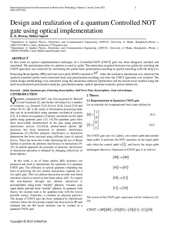 (PDF) Design and realization of a quantum Controlled NOT gate using optical implementation