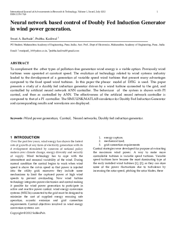 Pdf Neural Network Based Control Of Doubly Fed Induction Generator In