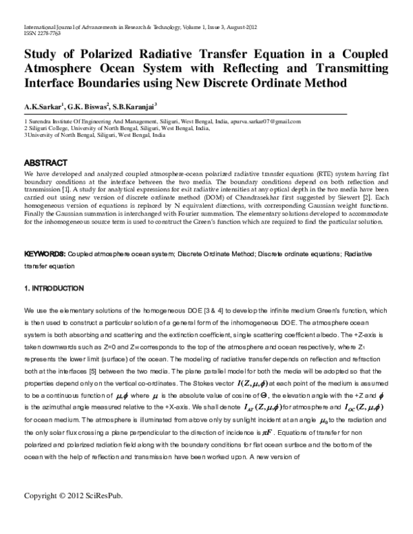 (PDF) Study of polarized radiative transfer equation in a coupled atmosphere ocean system with ...