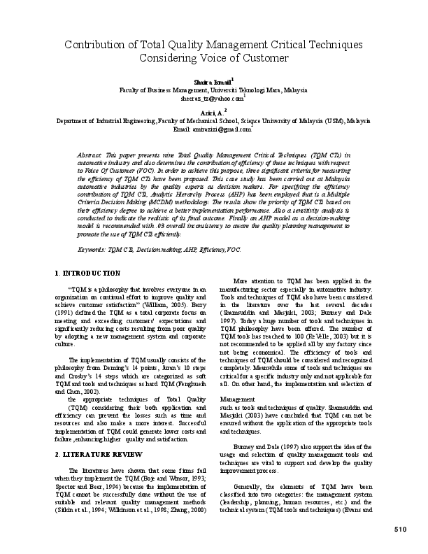 (PDF) Contribution of Total Quality Management Critical Techniques ...