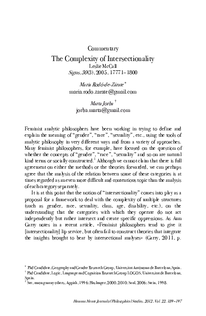 (PDF) Commentary on the Complexity of Intersectionality by Leslie McCall