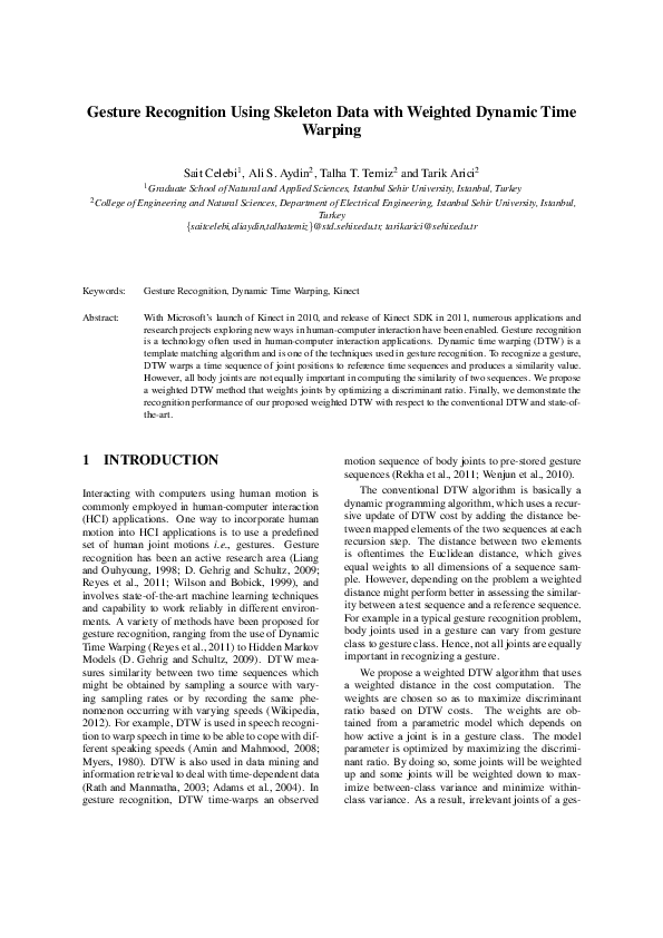 (PDF) Gesture Recognition Using Skeleton Data with Weighted Dynamic Time Warping