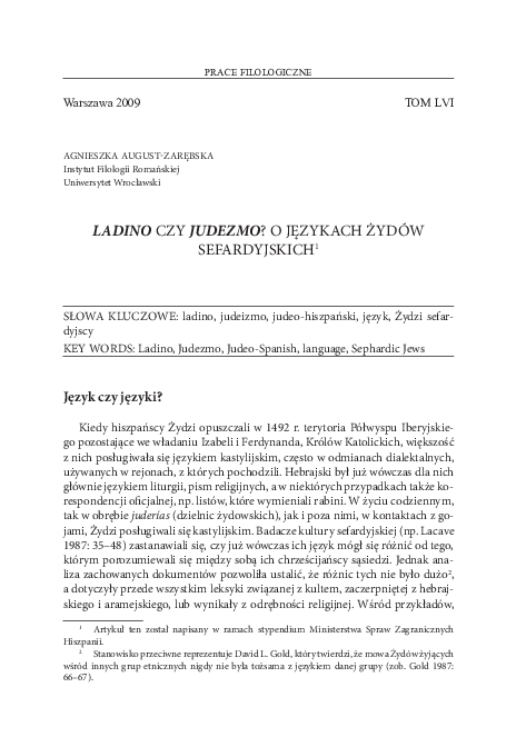 (PDF) Agnieszka August-Zarębska, Ladino czy judezmo? O językach Żydów ...